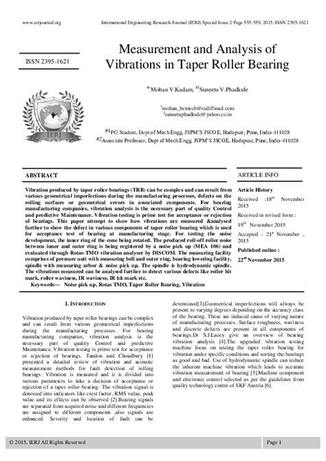 Pdf Measurement And Analysis Of Vibrations In Taper Roller Bearing