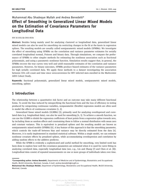 Pdf Effect Of Smoothing In Generalized Linear Mixed Models On The Estimation Of Covariance