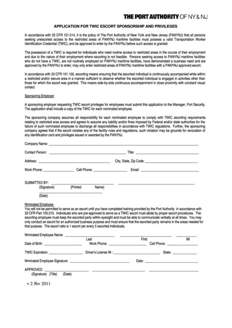 Application For Twic Escort Sponsorship And Privileges Printable Pdf Download