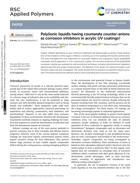 Pdf Polyionic Liquids Having Coumarate Counter Anions As Corrosion