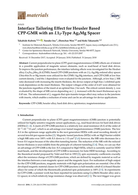Pdf Interface Tailoring Effect For Heusler Based Cpp Gmr With An L12 Type Ag3mg Spacer