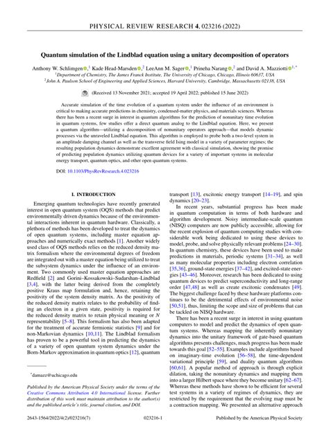 Pdf Quantum Simulation Of The Lindblad Equation Using A Unitary Decomposition Of Operators