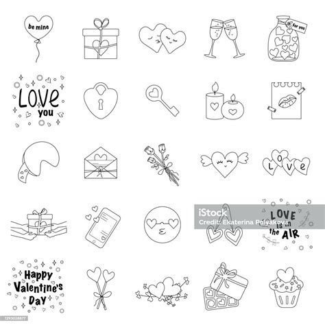 발렌타인 데이 결혼식을위한 귀여운 고립 아이콘의 간단한 검은 라인 세트 14에 대한 스톡 벡터 아트 및 기타 이미지 14