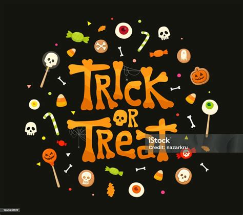 서예 편지를 속이거나 치료하십시오 전통적인 과자 휴일 사탕 할로윈 날 검은 배경에 벡터 일러스트레이션 호박 조롱박과 식물에 대한 스톡 벡터 아트 및 기타 이미지 Istock