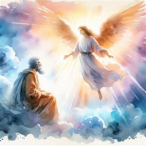 A Watercolor Illustration Depicting A Biblical Scene Where An Angel
