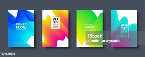 액체 그라데이션이 있는 추상적인 트렌디한 기하학적 배경 다채로운 파란색 빨간색 노란색 및 녹색 동적 곡선 웨이브 현대적인 모션 배너 세트 벡터 일러스트레이션 3차원 형태에