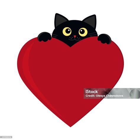 추상적 인 심장 뒤에서 들여다 보는 검은 새끼 고양이 평평한 스타일 장식 아이콘 스티커 장식으로 색상 고립 된 벡터 어린이 그림 검은색에 대한 스톡 벡터 아트 및 기타