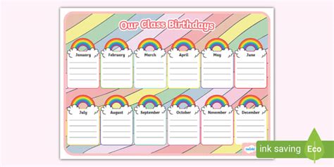 Rainbow Themed Class Birthdays Chart Teacher Made Twinkl