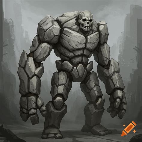 A Large Mossy Rock Golem Stands In A Vibrant Green Field With Colorful