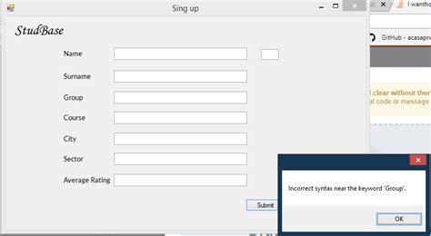 C Incorrect Syntax Error When Inserting Values Into Sql Database From Windows Form Stack