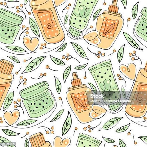 원활한 패턴 천연 허브 유기농 화장품 손으로 그린 색깔 배경 크림 튜브 스프레이 허브 잎 열매 흑백 아트 라인입니다 피부를위한 식물 화장품의 개념 스케치에 대한 스톡 벡터