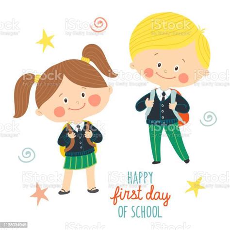 재미 있는 손으로 학교 가방 스쿨 유니폼에 그려진 아이 귀여운 소년과 소녀와 배낭 학교 카드 디자인의 행복 첫날 평면 스타일에서 흰색 배경에 만화 벡터 Eps 10 그림