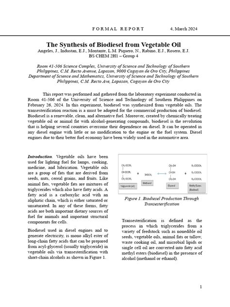 Act 2 The Synthesis Of Biodiesel From Vegetable Oil Formal Report Group4 Pdf Biodiesel