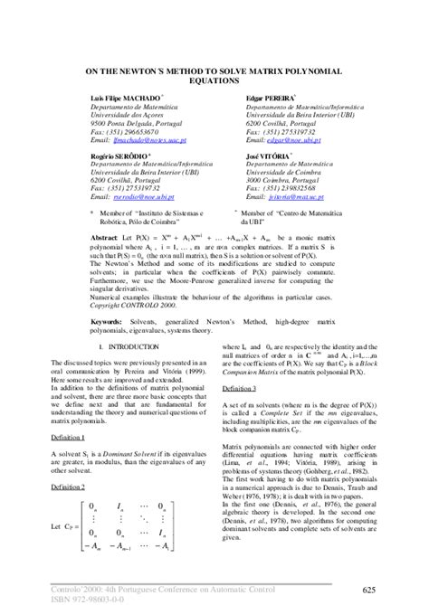 Pdf On The Newtons Method To Solve Matrix Polynomial Equations