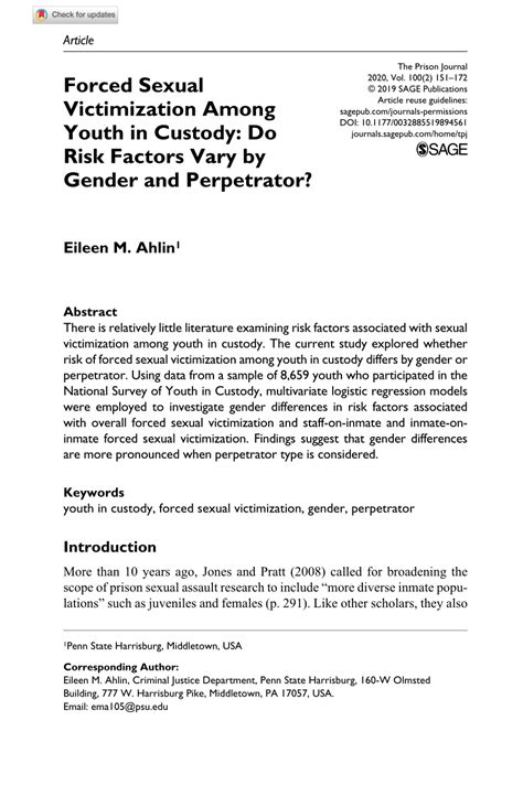 Pdf Forced Sexual Victimization Among Youth In Custody Do Risk Factors Vary By Gender And