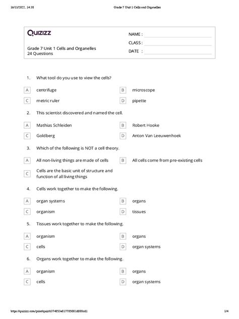 Grade 7 Cells And Organelles Quiz Pdf Cell Biology Organelle