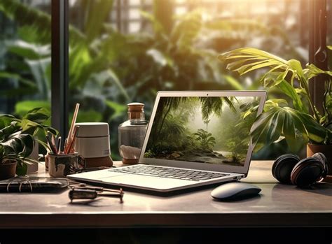 Premium AI Image Mockup A Desk With A Laptop And Three Office Gadgets In The Sty