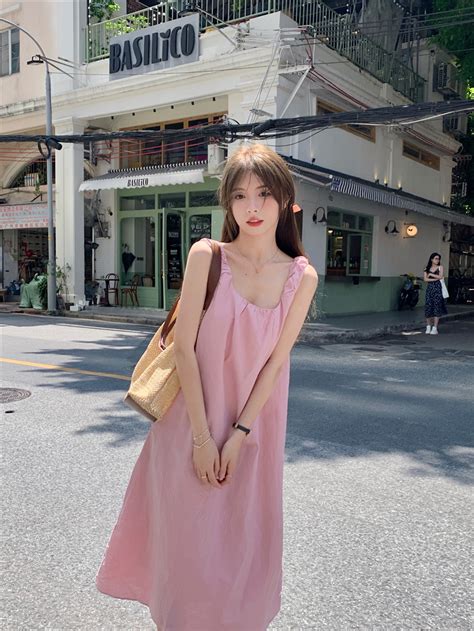 코튼 에이프런 심플 원피스 스퀘어 넥 프릴 셔링 슬리브리스 나시 면 루즈 오버 핏 기본 베이직 단색 파스텔 페일 핑크 러블리 귀여운 여친 데이트 룩 A 라인 롱 플레어