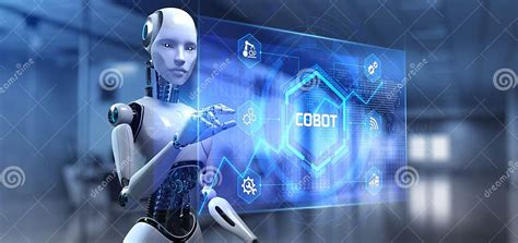 Cobot Collaborative Robot 3d Render Illustrated With A Robot Pressing A Button On A Virtual