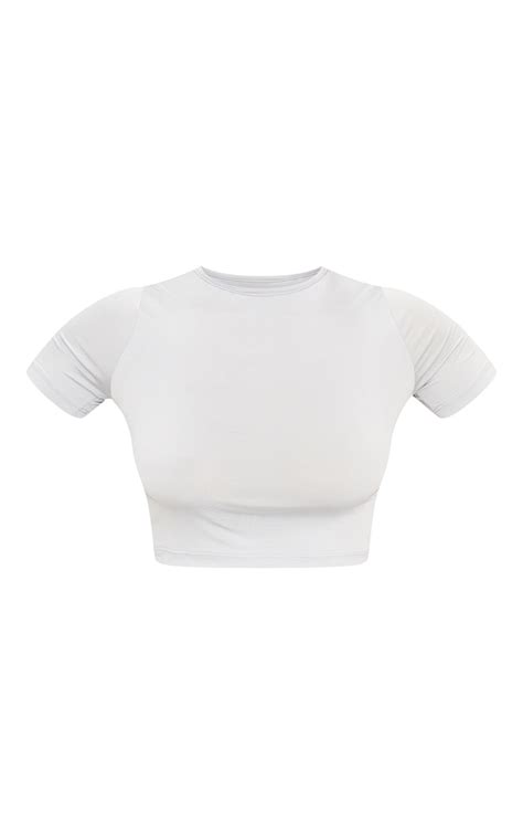 Basic Dusty Blue Slinky Short Sleeve Crop Top Tops Plt Qa