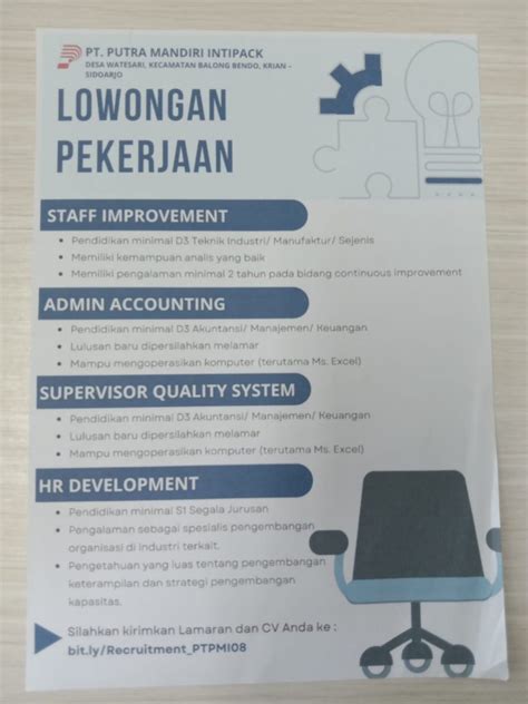 lowongan pekerjaan di pt putra mandiri intipack pusat karier dan alumni