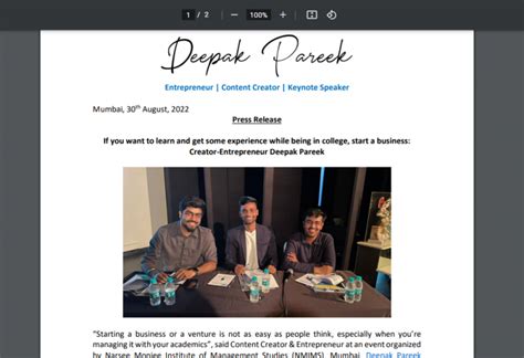 Press Release Deepak Pareek