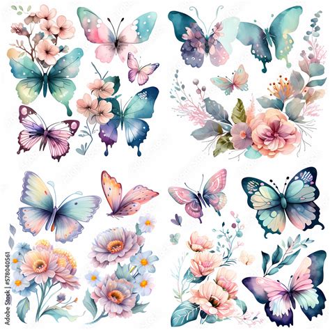 Clip Art Butterflies And Flowers Generative Ai Stock Illustration