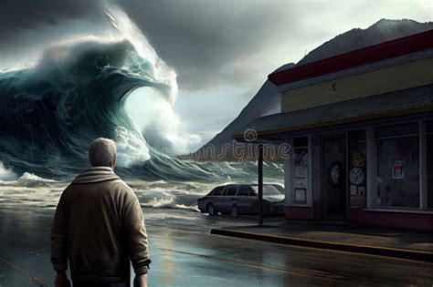 A Man Is Looking At A Huge Approaching Tsunami Big Wave Disaster Severe Weather Concept