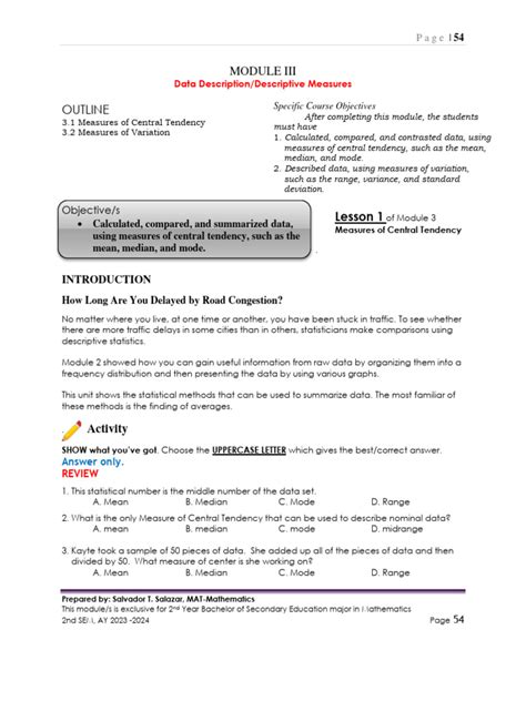 Module 3 For 2nd Year Bsed Mathematics Second Sem Ay 2023 2024 Pdf Statistics Mean