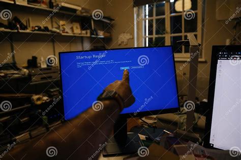 Tech Pro Analyzing Computer System On Multiple Displays Editorial Image Image Of Computer