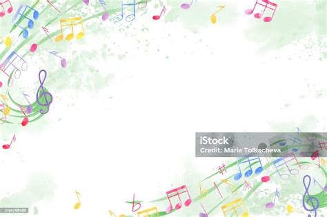 페인트 튄 것에 대한 음악적 여러 가지 빛깔의 음표 물결 치는 음악 스태프 녹색의 수평 프레임 국제 음악의 날 텍스트 공간을 복사합니다 흰색에 고립 된 수채화 그림입니다