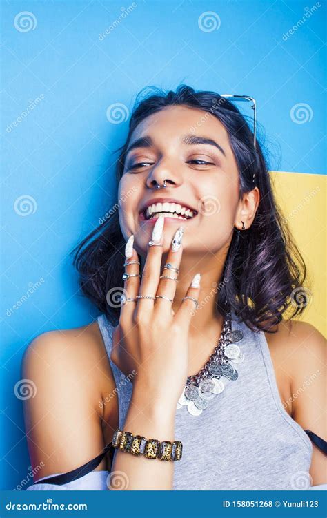 Lifestyle People Concept Young Pretty Smiling Indian Girl With Long