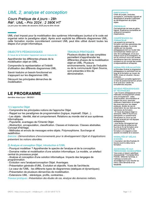 Uml 2 Analyse Et Conception Cours Pratique De 4 Jours 28h Réf Uml