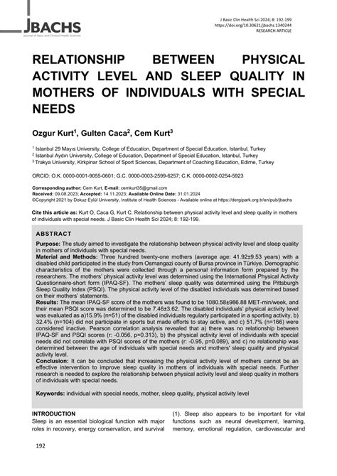 Pdf Relationship Between Physical Activity Level And Sleep Quality In Mothers Of Individuals