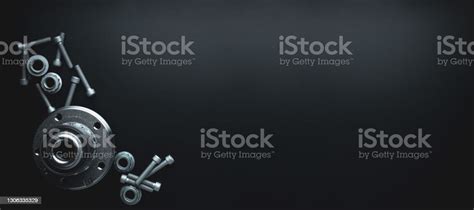 자동차 모터 부품 어두운 배너 배경에 자동차 정비사 예비 또는 자동차 조각 새로운 금속 자동차 부품세트 평평한 평지 상단 보기 복사 공간 0명에 대한 스톡 사진 및 기타