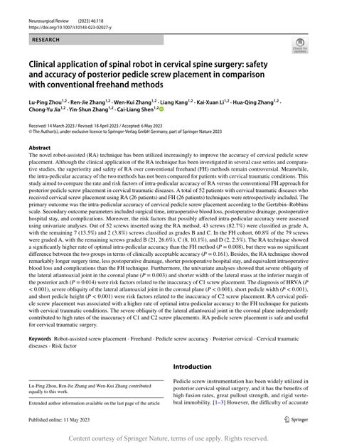 Clinical Application Of Spinal Robot In Cervical Spine Surgery Safety And Accuracy Of Posterior