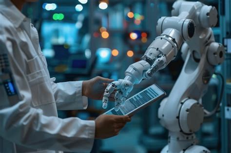 Premium Photo An Engineer Uses A Digital Tablet To Control A Robotic Arm In A Hightech