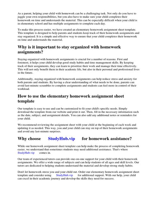 Elementary Homework Assignment Sheet Template Pdf Homework Worksheet