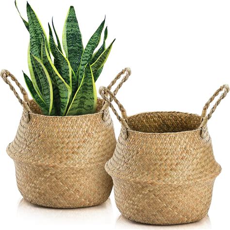 Yesland 2 Pack Woven Seagrass Plant Basket With Handles