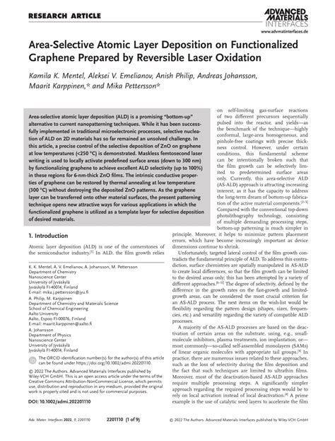 Pdf Area Selective Atomic Layer Deposition On Functionalized Graphene Prepared By Reversible