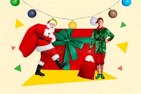 Creative Collage Image Of Excited Funny Mini Santa Claus Elf Guy Hold