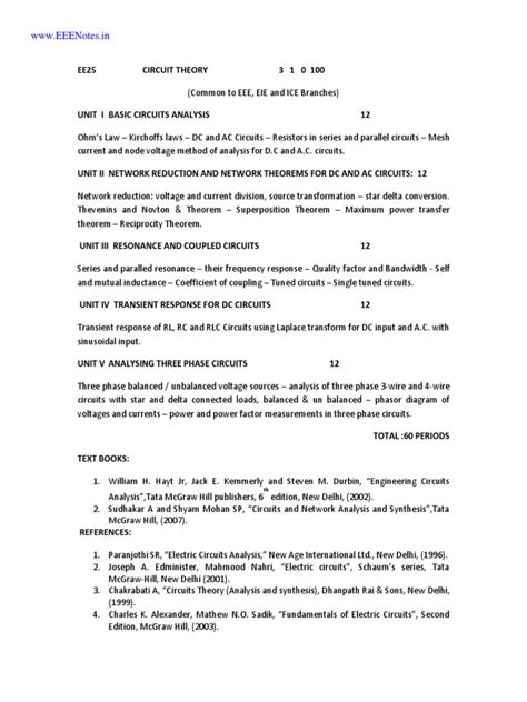 Circuit Theory Analysis Lecture Notes All Unit Pdf Download Free Pdf