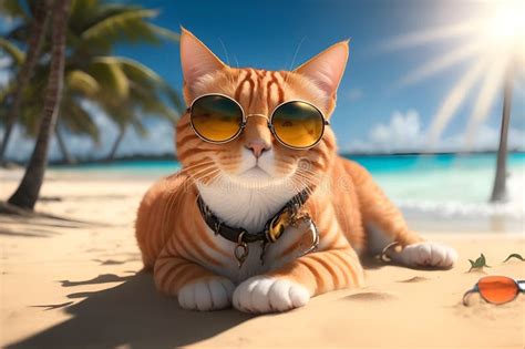 Ginger Cat With Sunglasses On Tropical Beach Generative Ai Stock