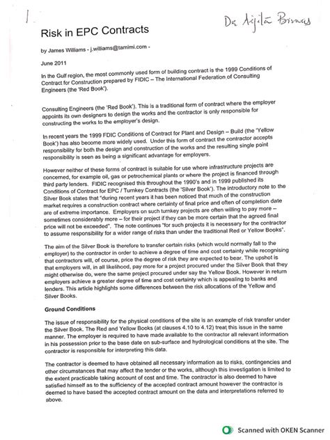 Risk In Epc Contract James Williams Pdf