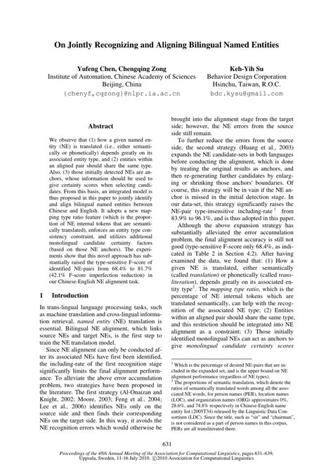 Pdf On Jointly Recognizing And Aligning Bilingual Named Entities