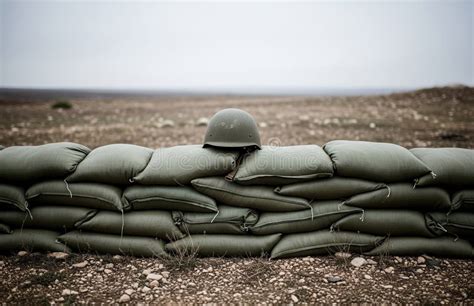 Military Sandbags Stacked Tightly With Helmet Resting Atop Expressing