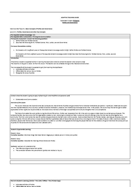 Adaptive Teaching Guide Politics And Governance Pdf Teachers Learning