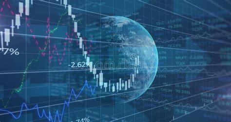 Overlaying Digital Globe With Animation Financial Data Charts In Blue