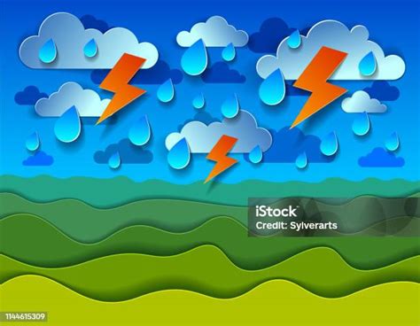 뇌우와 번개 흐린 비오는 하늘 만화 종이 컷 현대적인 스타일 벡터 일러스트 레이 션의 푸른 잔디 초원 경치 자연 풍경입니다 3차원 형태에 대한 스톡 벡터 아트 및 기타