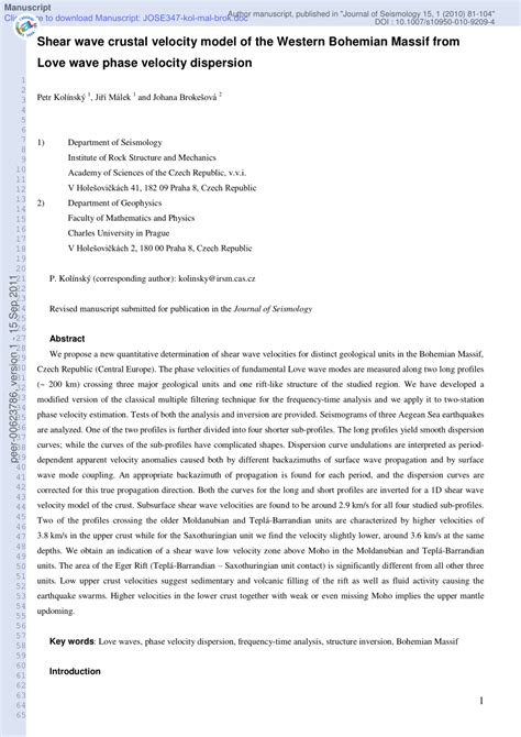 Pdf Shear Wave Crustal Velocity Model Of The Western Bohemian Massif From Love Wave Phase
